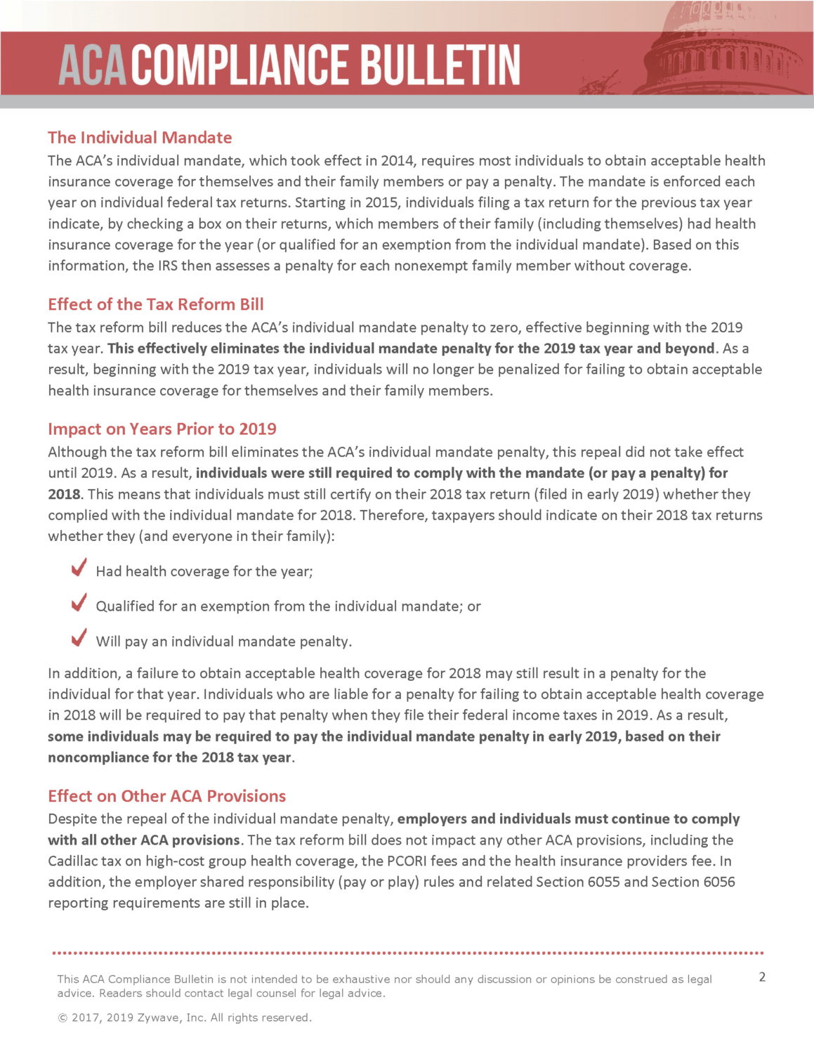 ACA Compliance Bulletin: ACA Individual Mandate Penalty No Longer ...